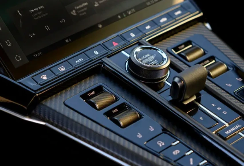 Upclose view of Aston Martin Vantage center console